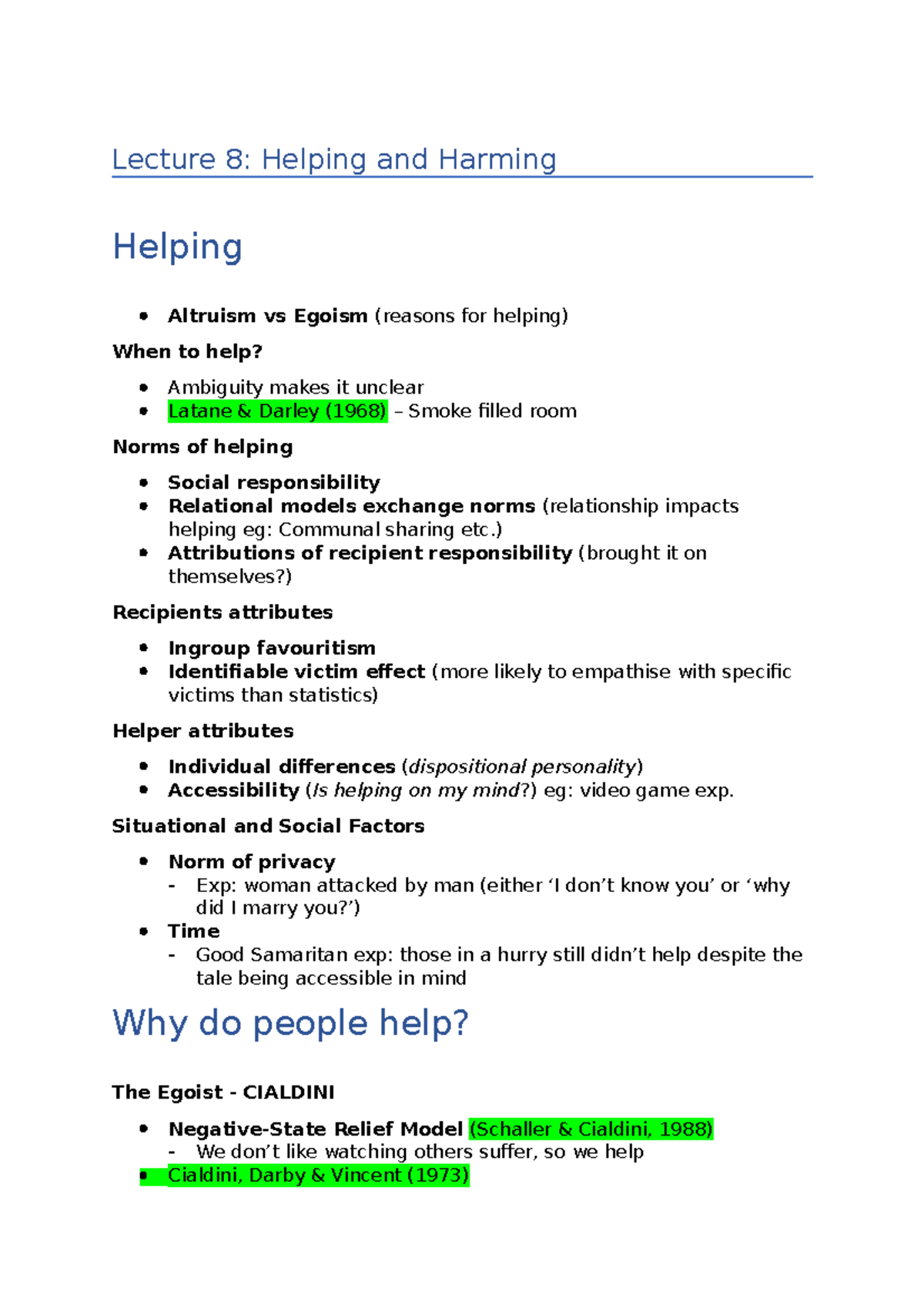 PSYC-Notes on Helping and Harming - Lecture 8: Helping and Harming ...