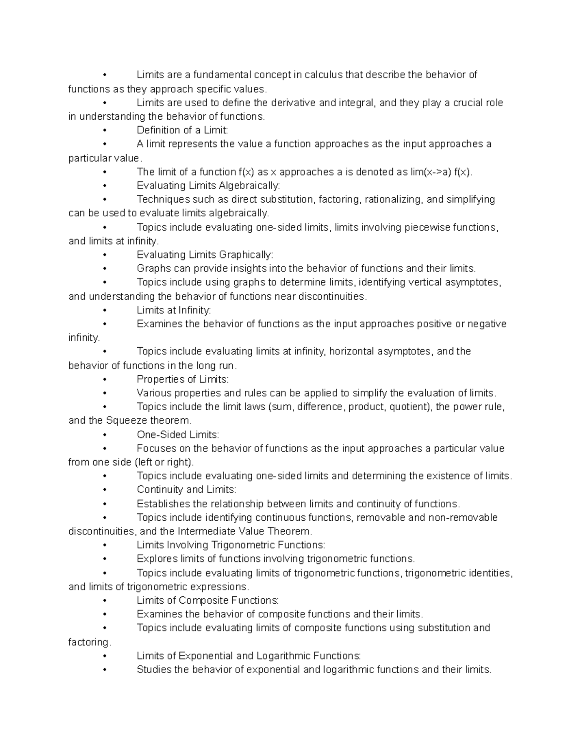 Calculus AB Limits - Notes - Limits are a fundamental concept in ...