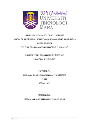 mgt162 individual assignment - UNIVERSITY TECHNOLOGY MARA CAMPUS ...