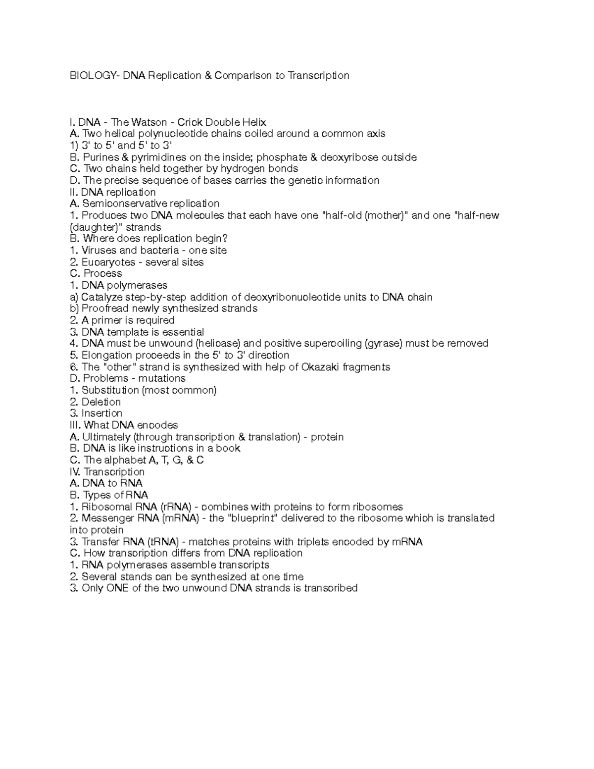 Bio 6 - Notes - BIOLOGY- DNA Replication & Comparison to Transcription ...