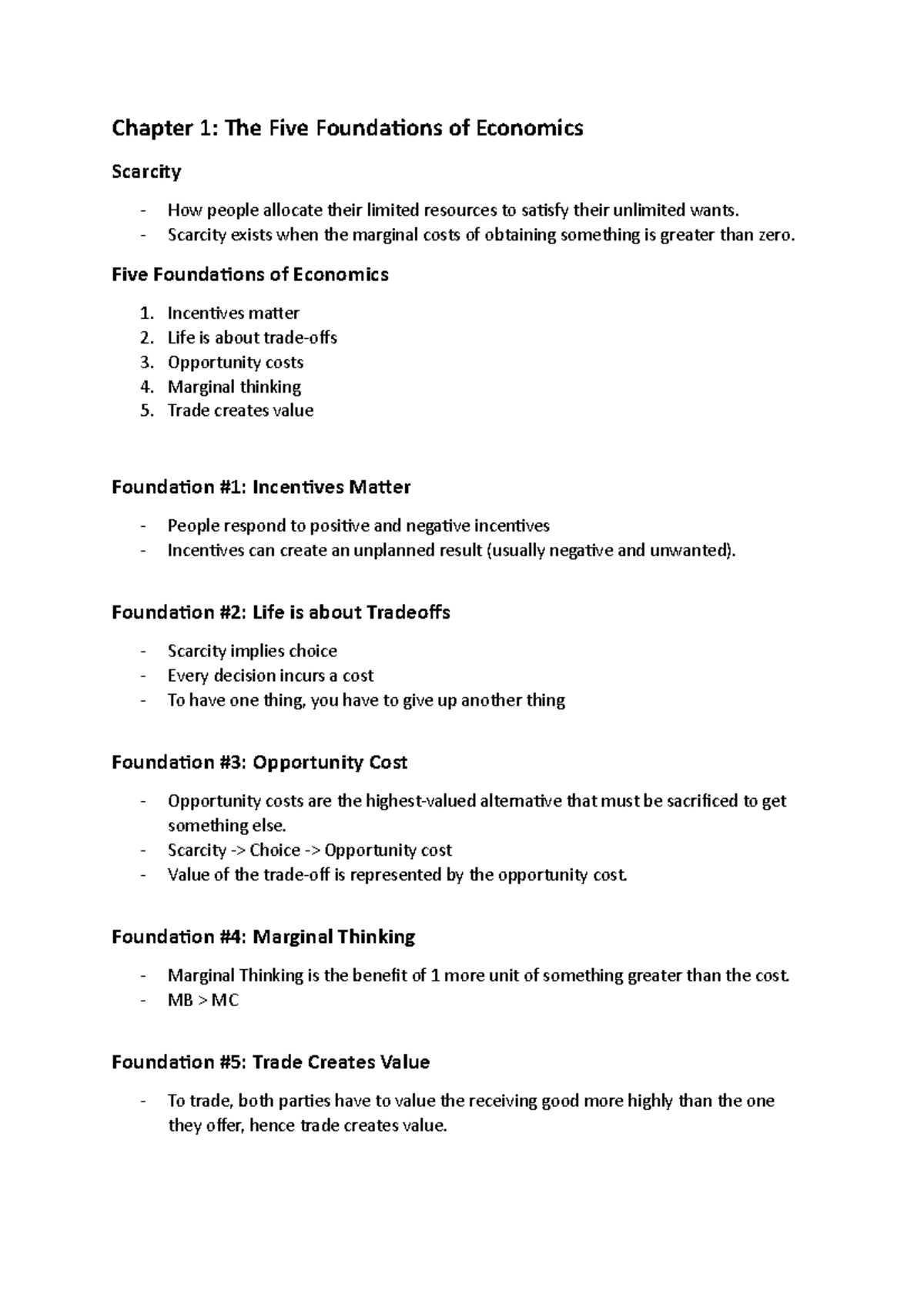 Chapter 1 Notes - Chapter 1: The Five Foundations of Economics Scarcity ...