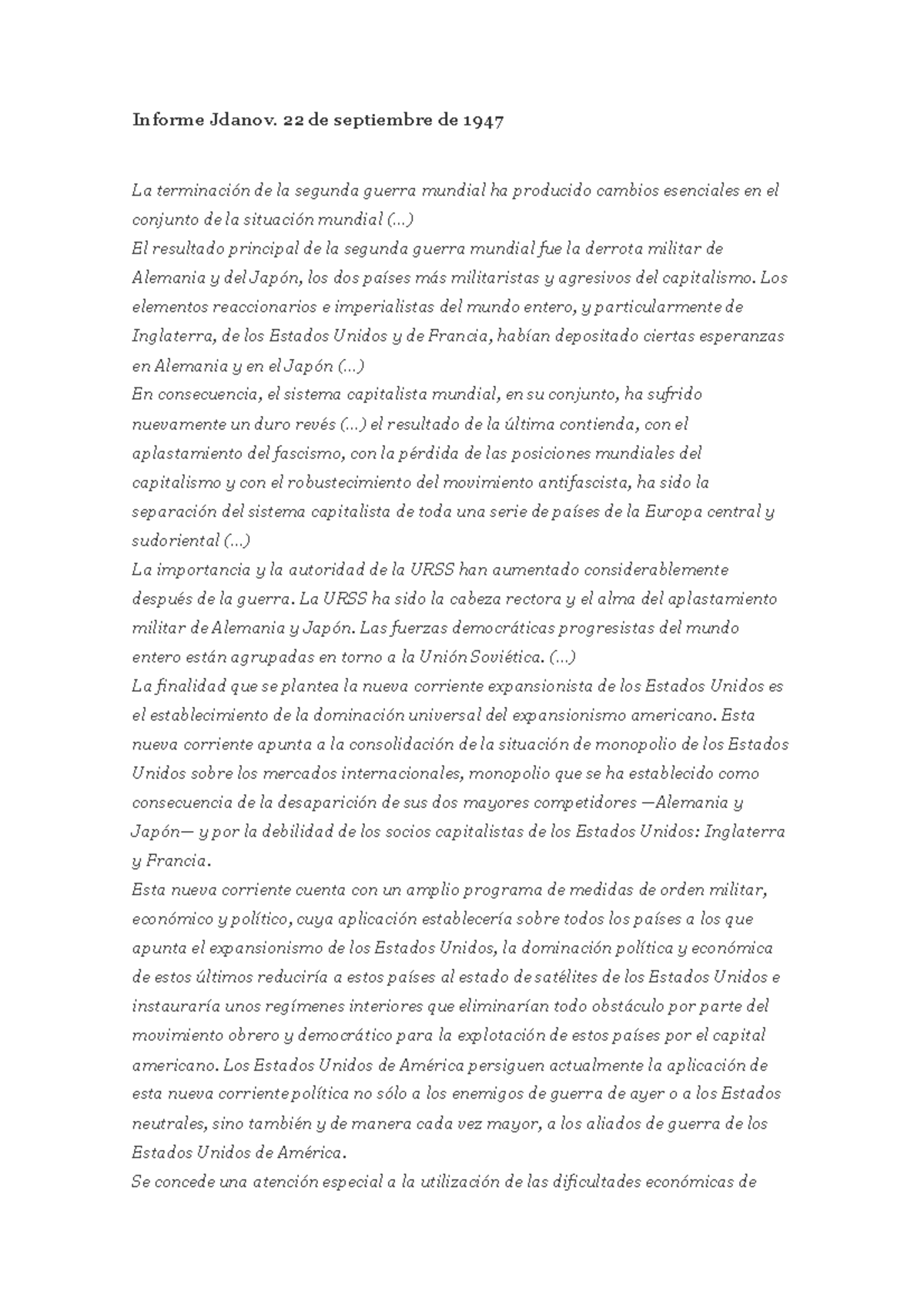 La doctrina Jadnov - eqewft31r5 - Informe Jdanov. 22 de septiembre de ...