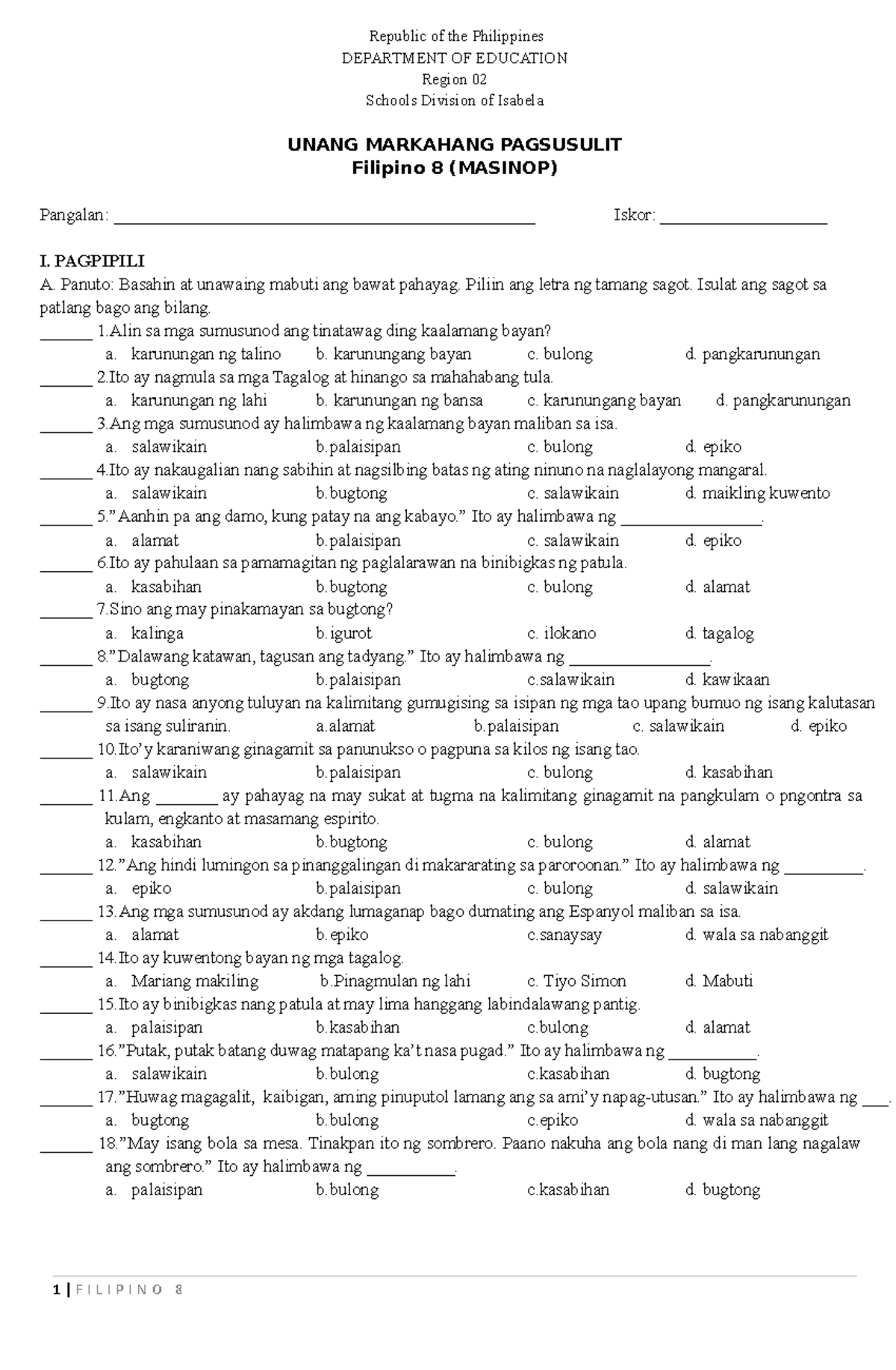 EXAM 1st Grding FILIPINO - Republic of the Philippines DEPARTMENT OF ...