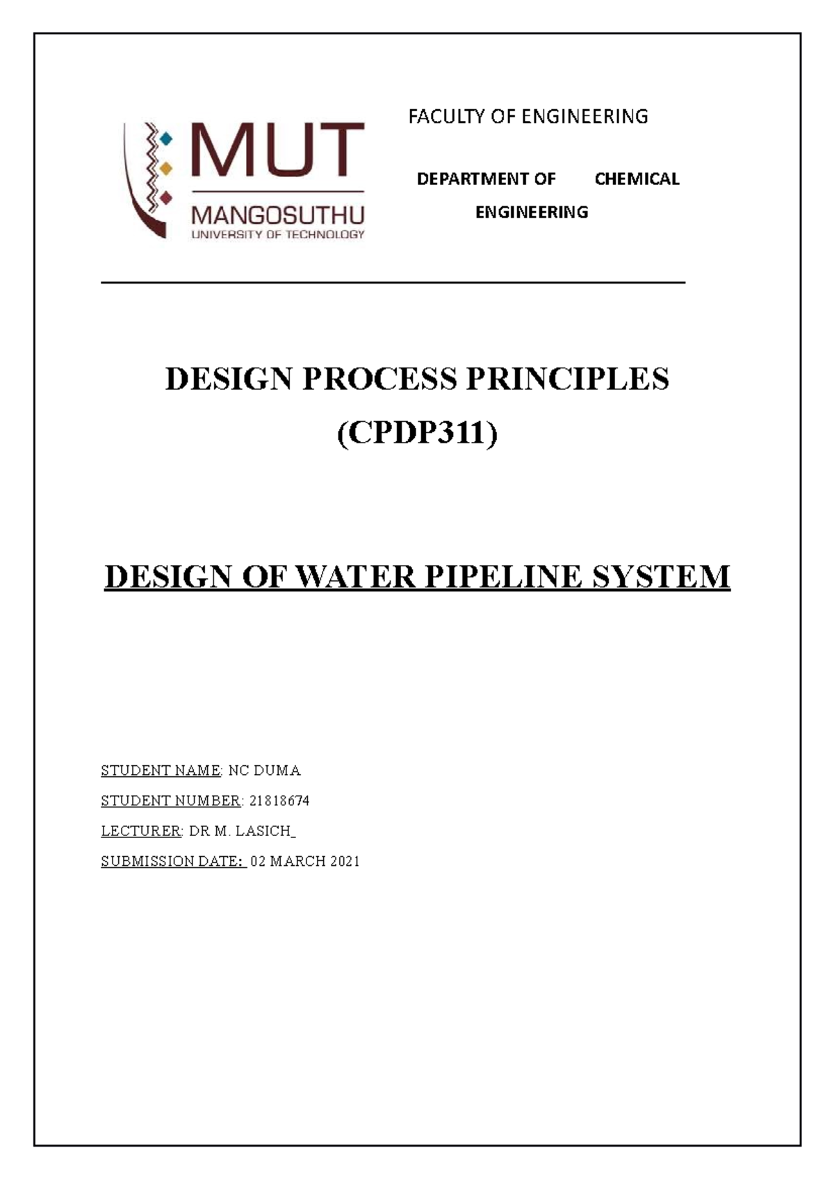 Design water pipeline system - DESIGN PROCESS PRINCIPLES (CPDP311 ...