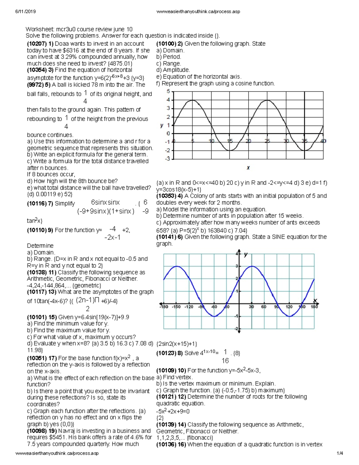 Functions course review - Worksheet: mcr3u0 course review june 10 Solve ...