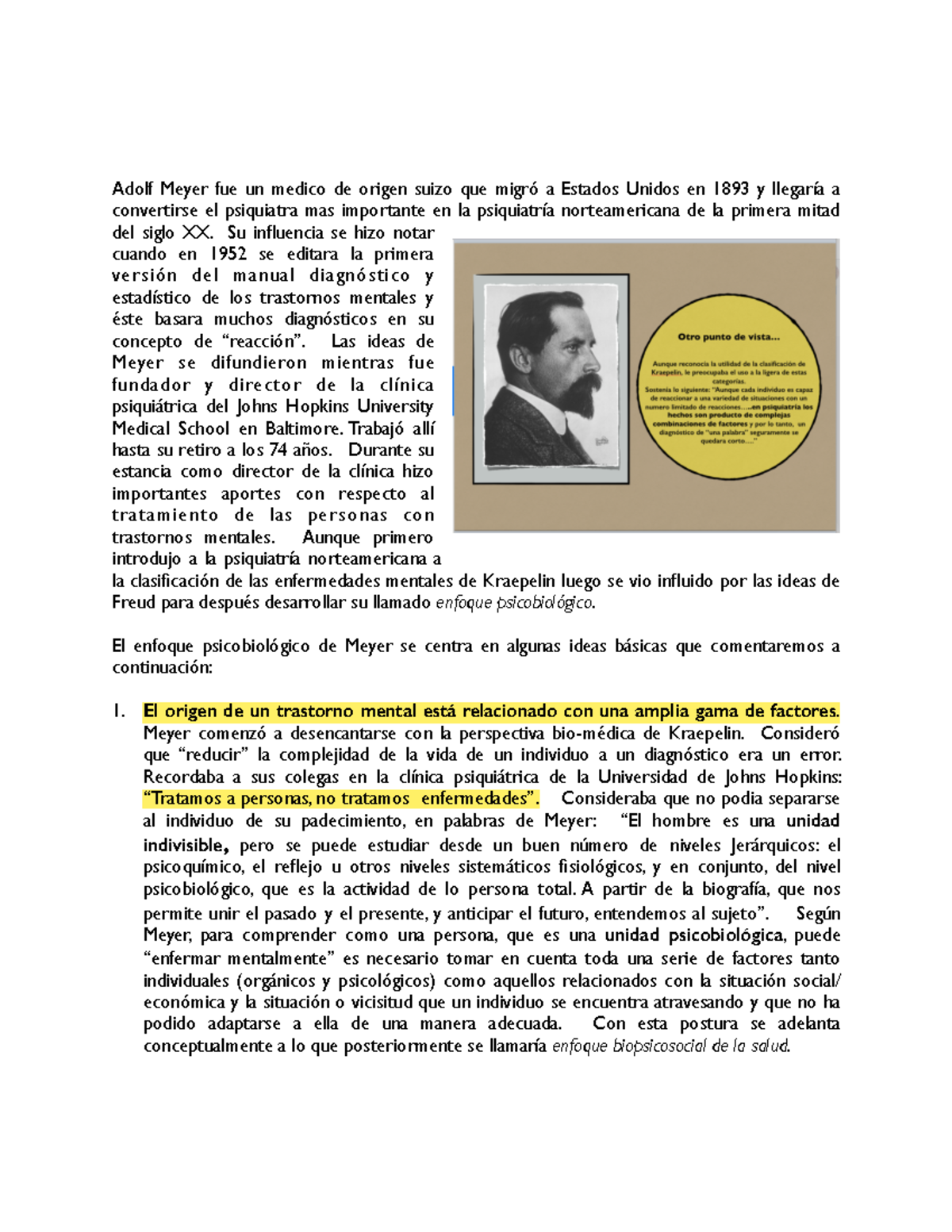El enfoque psicobiológico de Adolf Meyer. - Adolf Meyer fue un medico ...