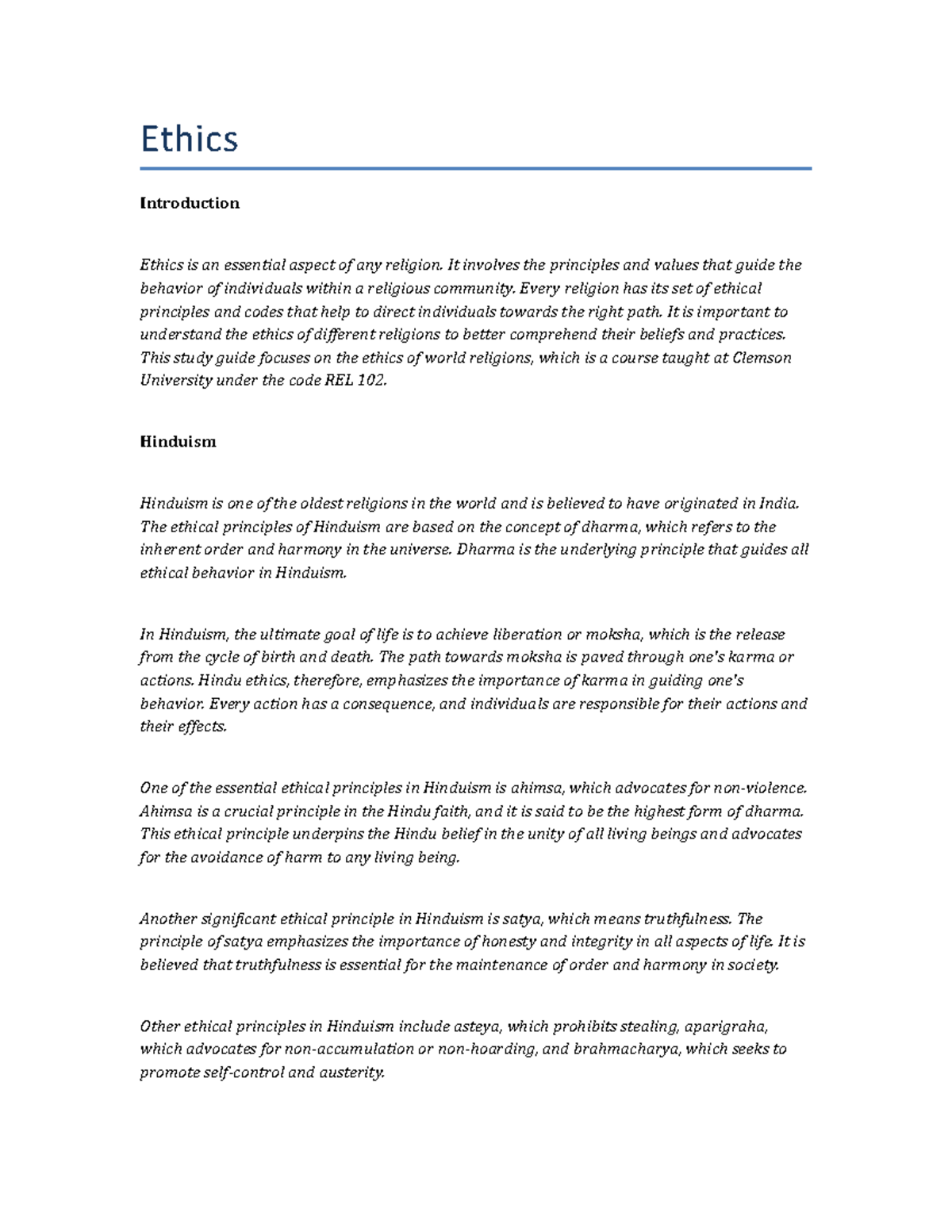 Ethics - World Religions (REL 102) Lecture notes - Ethics Introduction ...