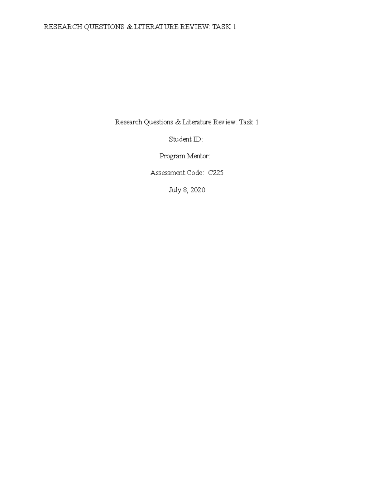 C225task1-passed - Research Questions & Literature Review: Task 1 ...