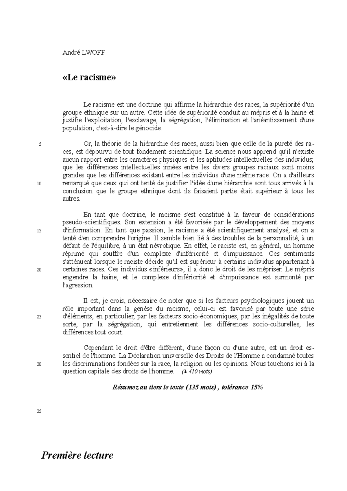 Texte le racisme et corrigé du résumé - LWOFF Le racisme est une ...