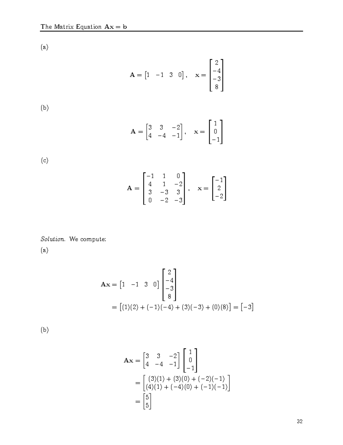 Linear algebra-7 - good - The Matrix Equation Ax = b (a) A = [ 1 − 1 3 ...