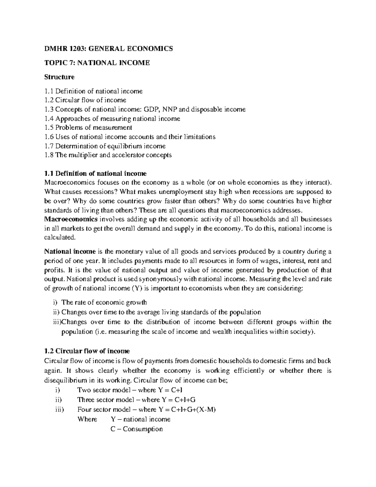 7 National Income - Lecture notes - DMHR 1203: GENERAL ECONOMICS TOPIC ...