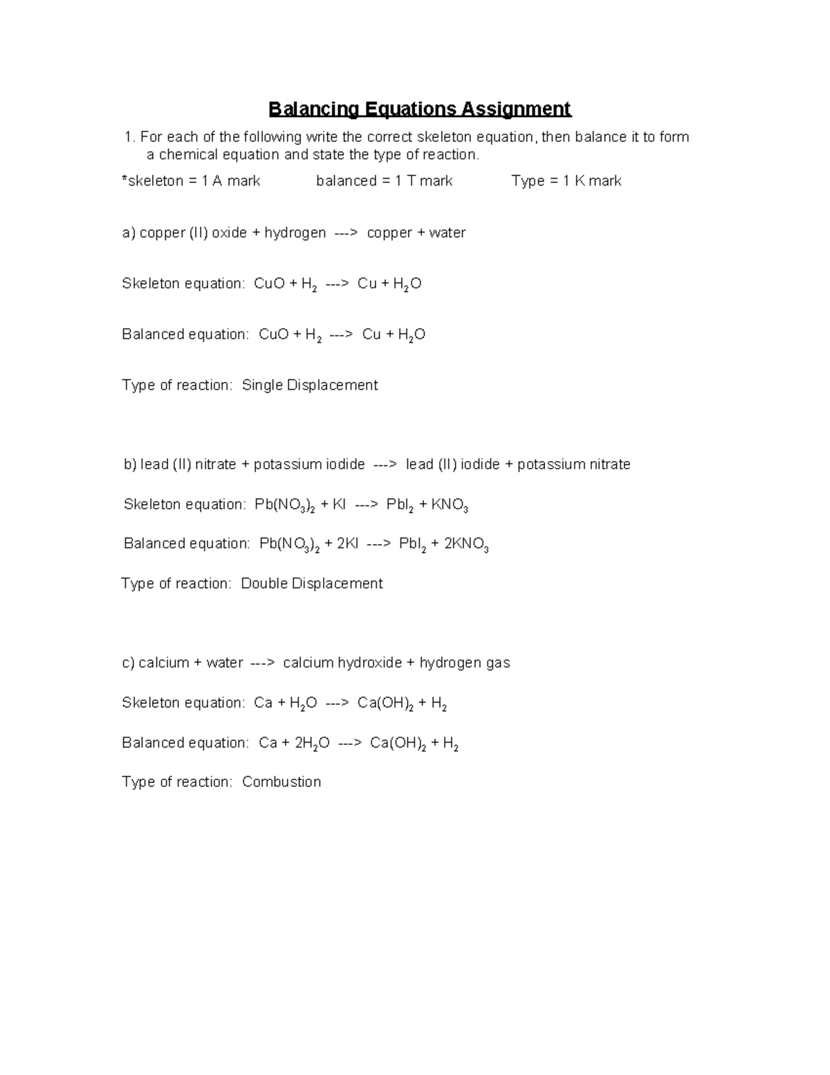 Chemical equation assignment - Balancing Equations Assignment For each ...