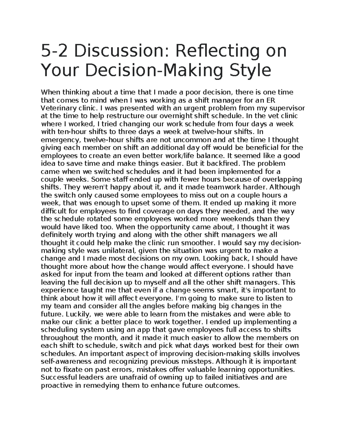 5-2 Discussion Reflecting on Your Decision-Making Style - 5-2 ...