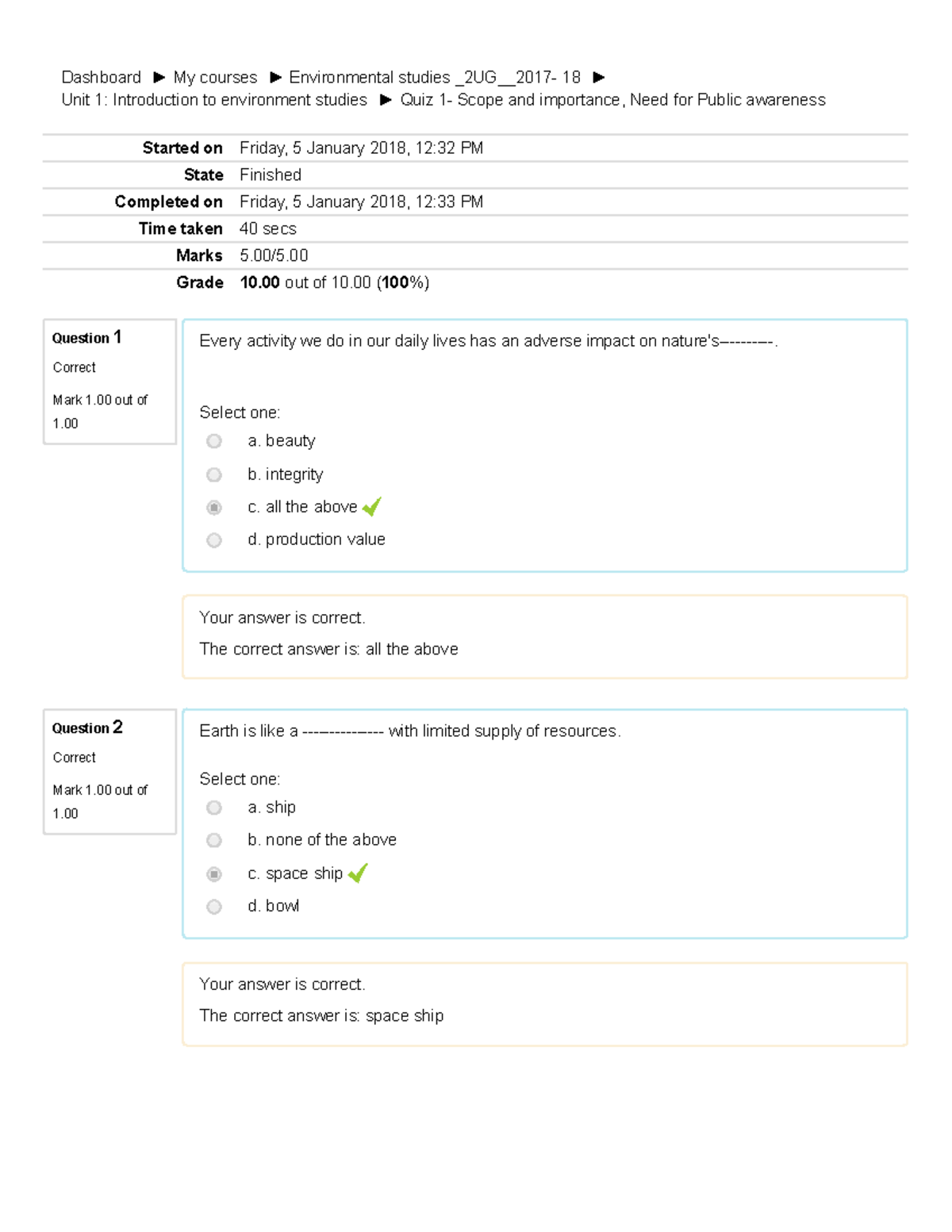 EVS CIA-1 Quizzes Q A - Dashboard My courses Environmental studies _2UG__2017- 18 Unit 1: - Studocu