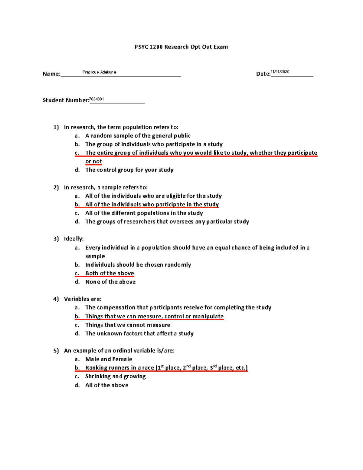Opt-out Test Version A - PSYC 1200 Research Opt Out Exam Name