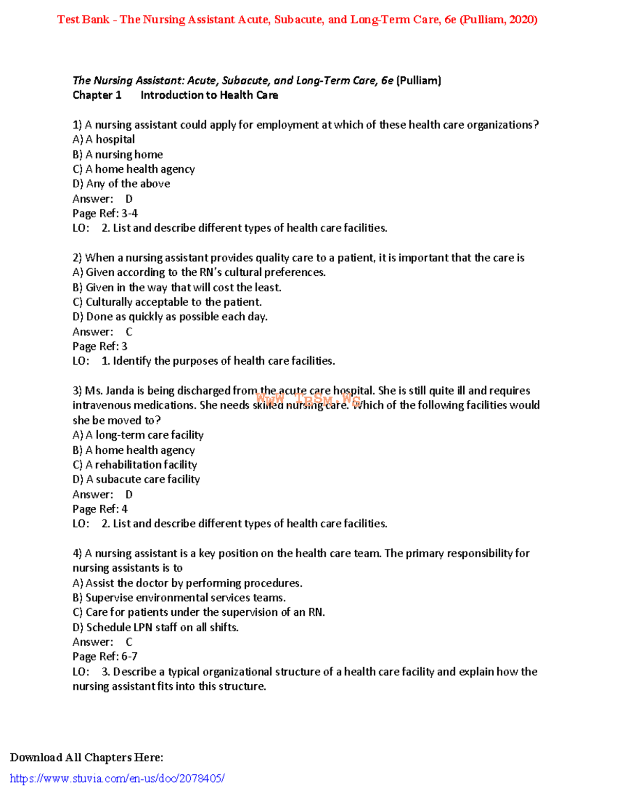 Test Bank - The Nursing Assistant Acute, Subacute, and Long-Term Care ...