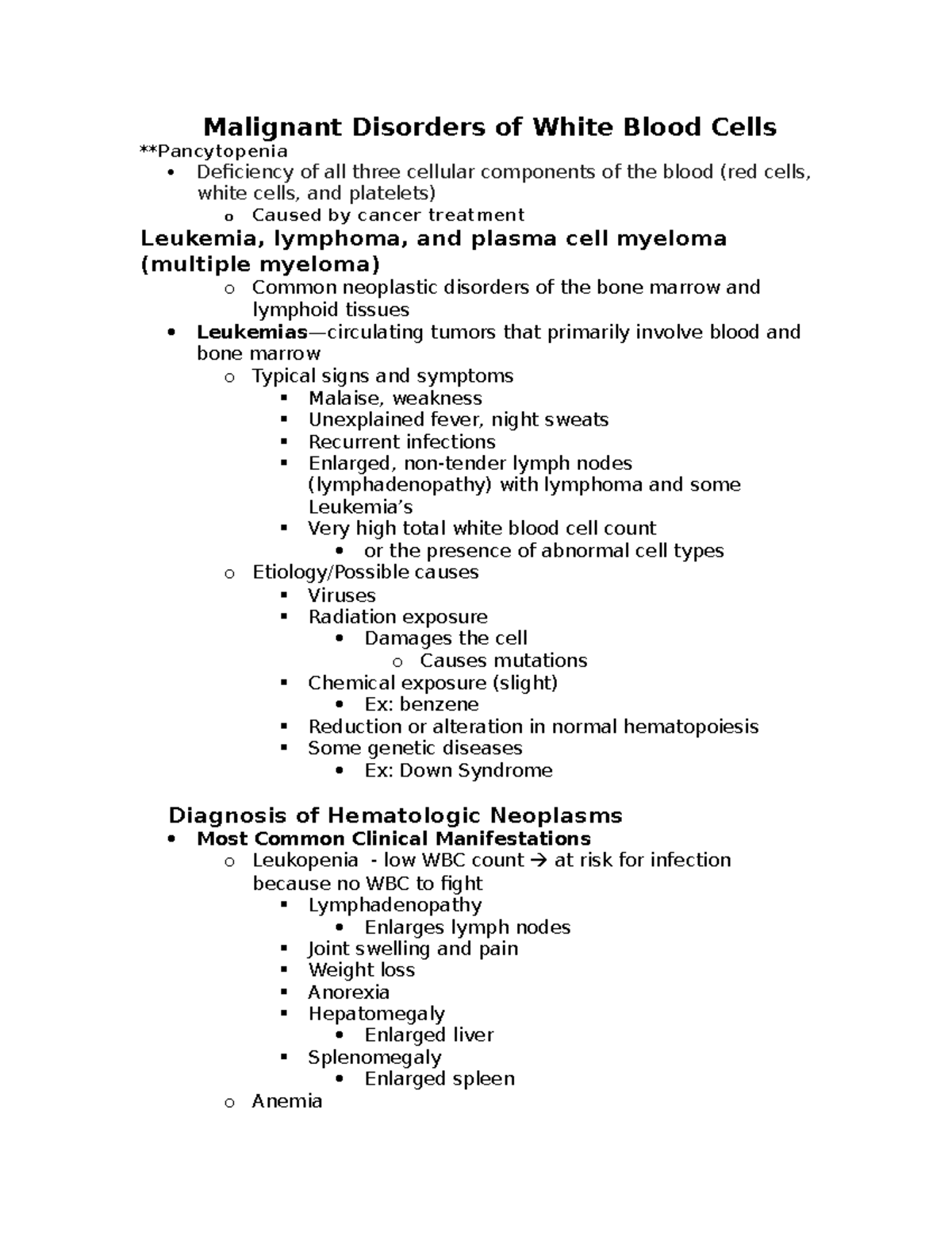 Disorders of WBC - Malignant Disorders of White Blood Cells **Pancytopenia Deficiency of all ...