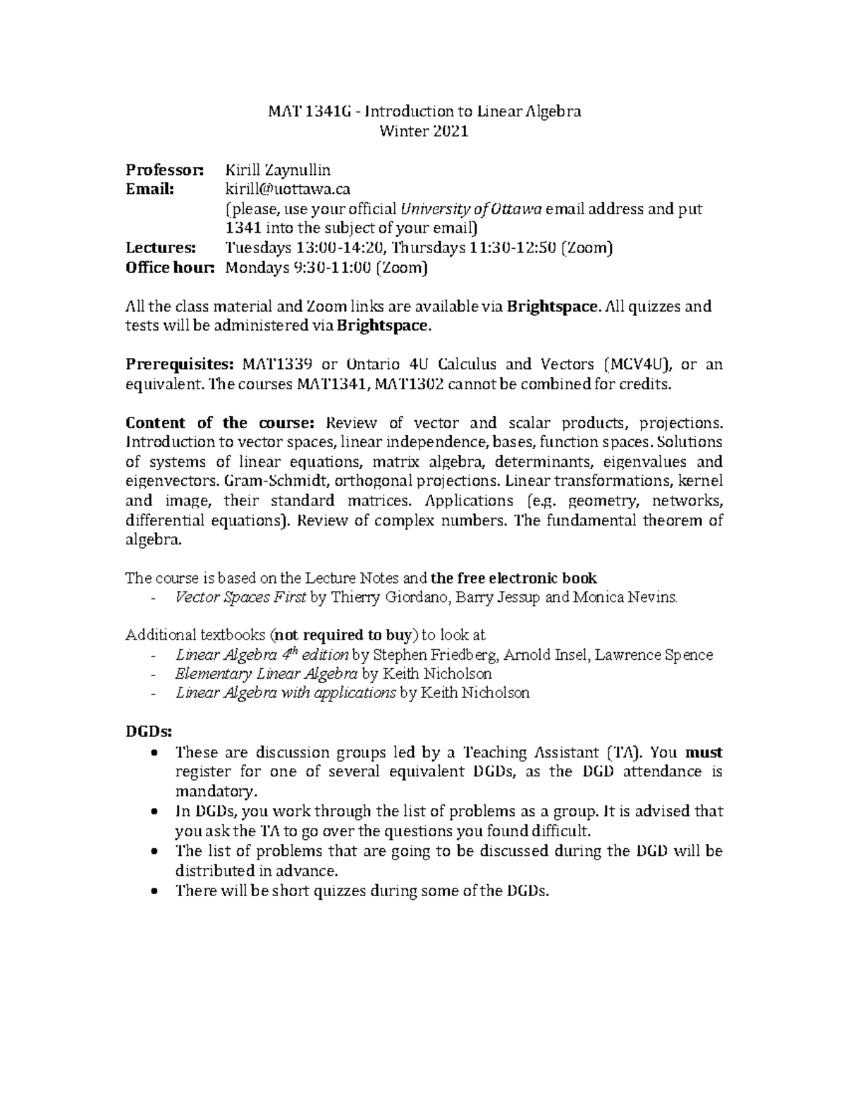 Syllabus 1341G-Winter 2021 - MAT 1341 G - Introduction to Linear Algebra Winter 202 1 Professor ...