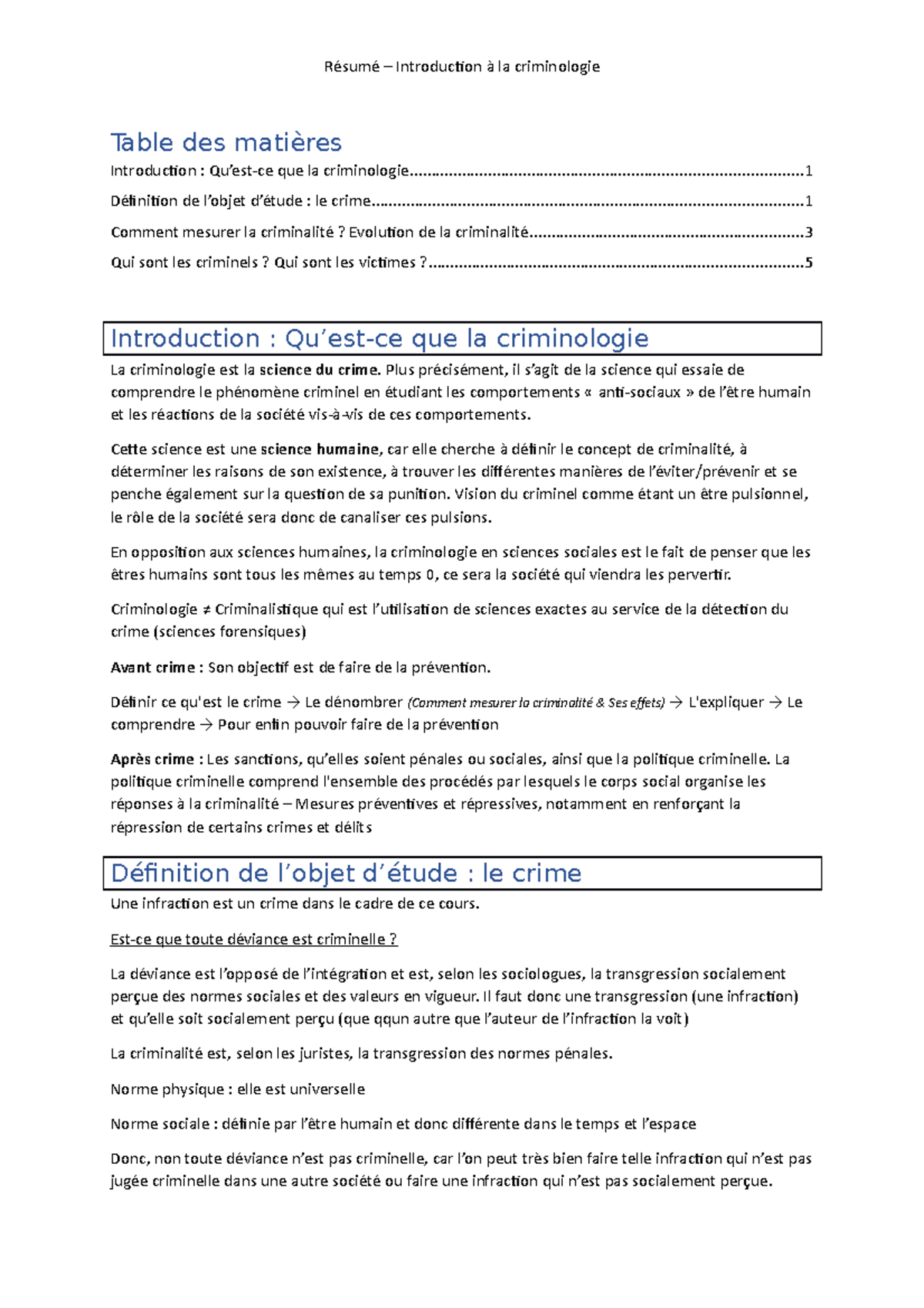 Introduction - Cours 1 - Table des matières Introduction : Qu’est-ce que la - Studocu