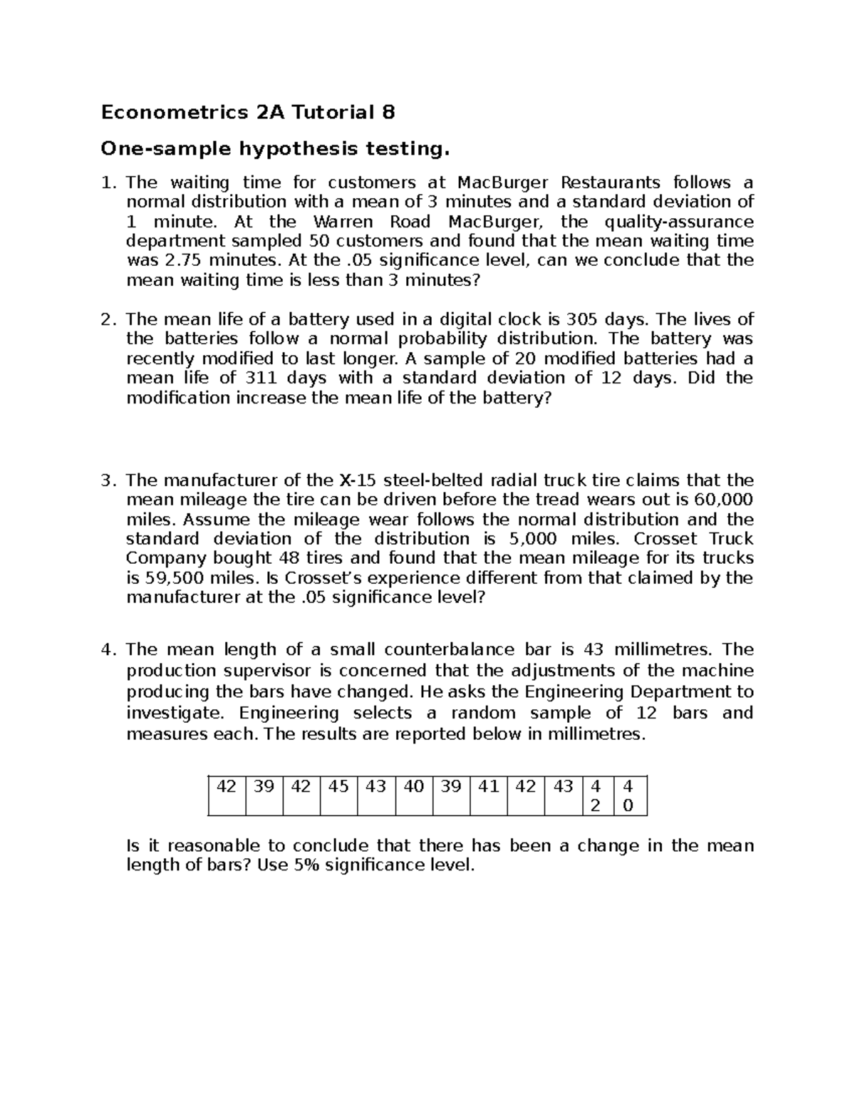Econometrics 2A Tutorial 8 - 1. The waiting time for customers at ...