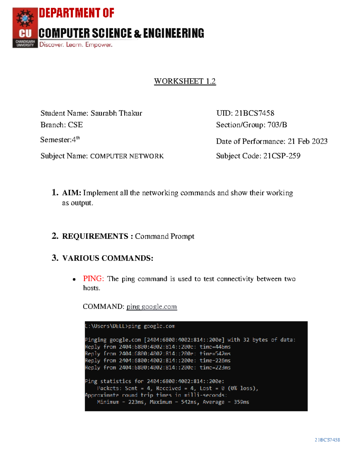 Cn 1.2 st - COMPUTER SCIENCE & ENGINEERING WORKSHEET 1. Student Name ...
