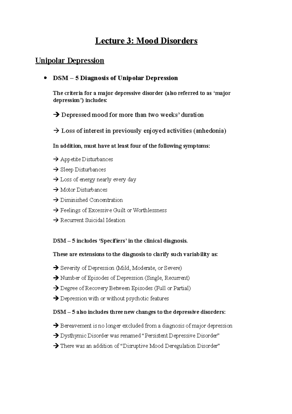 PSY388 - Notes - Lecture 3: Mood Disorders Unipolar Depression DSM – 5 ...