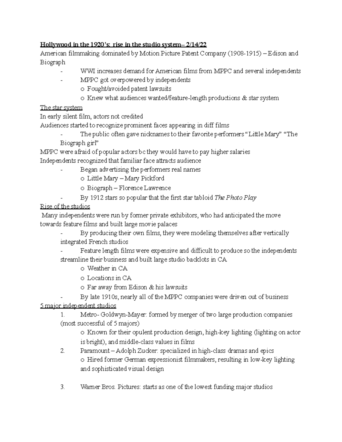 FILM - UNIT 3 - PUSTAY - Hollywood in the 1920’s: rise in the studio ...
