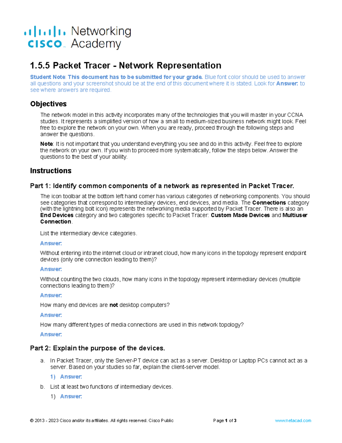 1.5.5 PT - Student - word assignment - 1.5 Packet Tracer - Network Representation Student Note ...