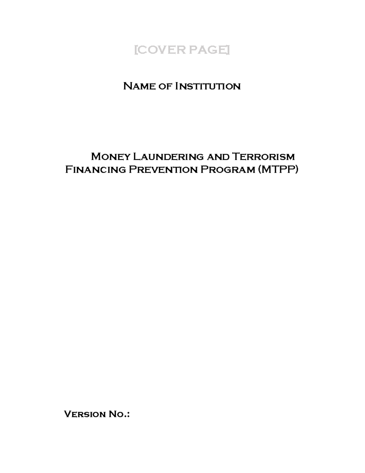 MTPP Outline Manual Template - [COVER PAGE] Name of Institution Money ...