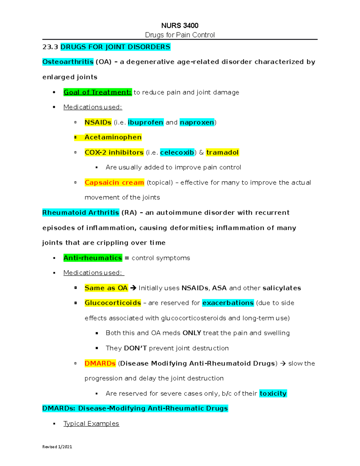 23.3 Painful Joint meds student outline - Drugs for Pain Control 23 ...