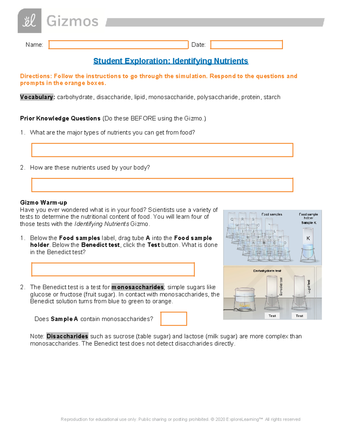 1.7 - Identifying Nutrients Gizmo Student Handout - Name: Date: Student ...