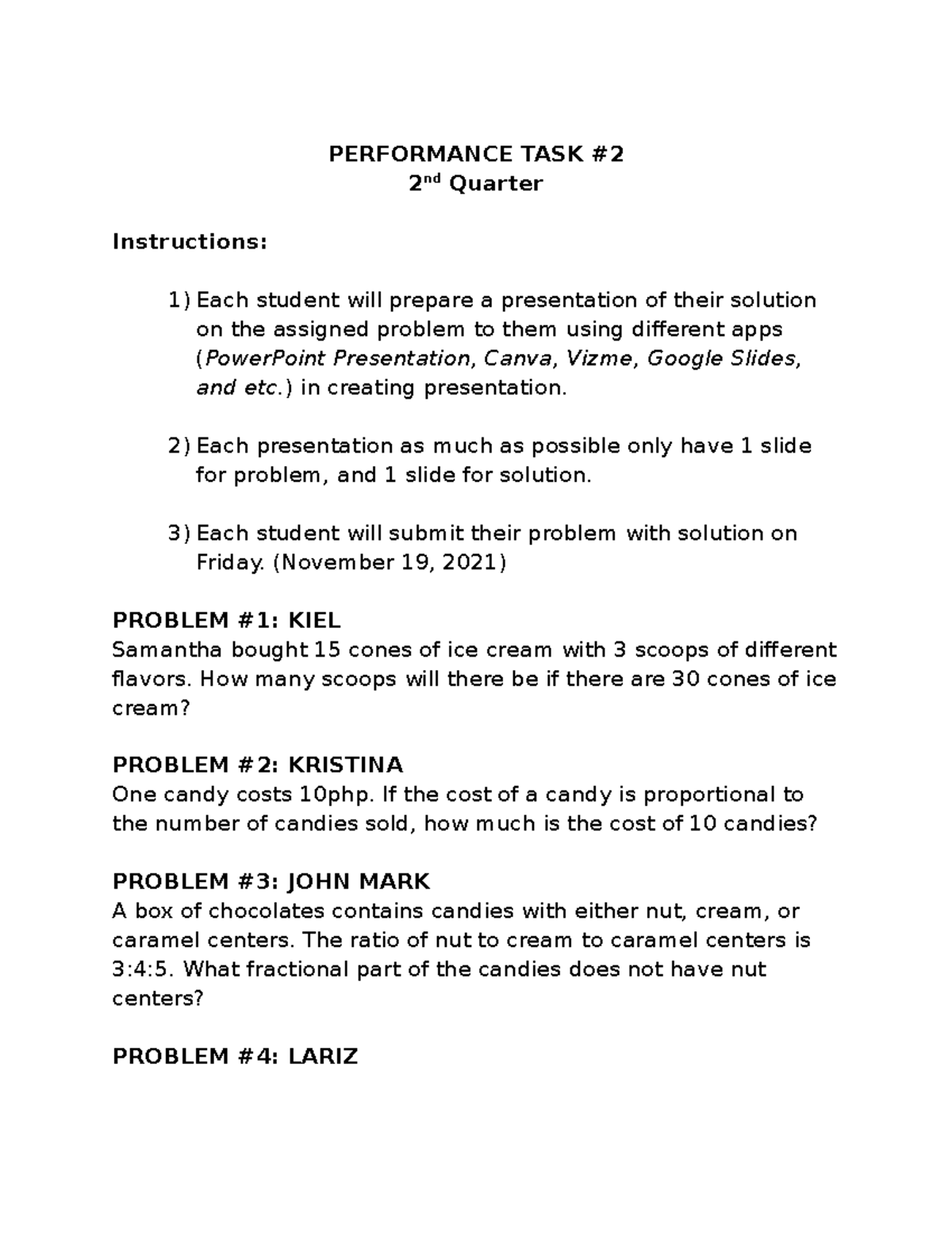 Performance TASK #2 Guide - PERFORMANCE TASK 2 nd Quarter Instructions ...
