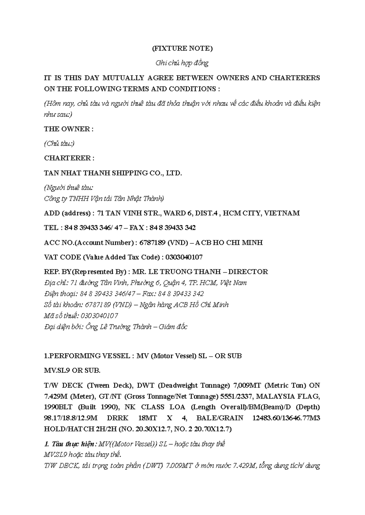 van tai quóc te - (FIXTURE NOTE) Ghi chú hợp đồng IT IS THIS DAY MUTUALLY AGREE BETWEEN OWNERS ...