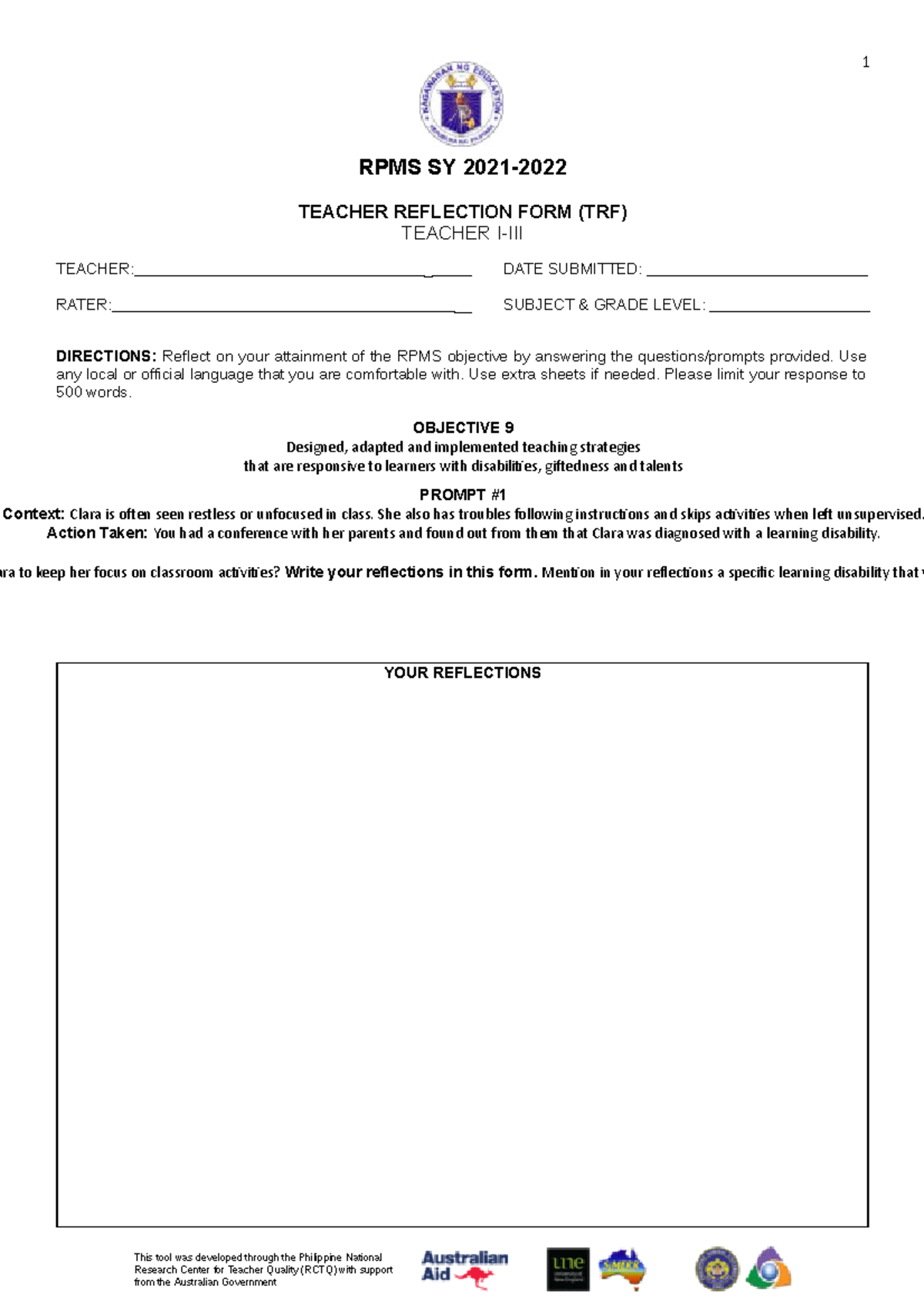 Teacher Reflection Form for T I III for RPMS SY 2021 2022 - This tool ...