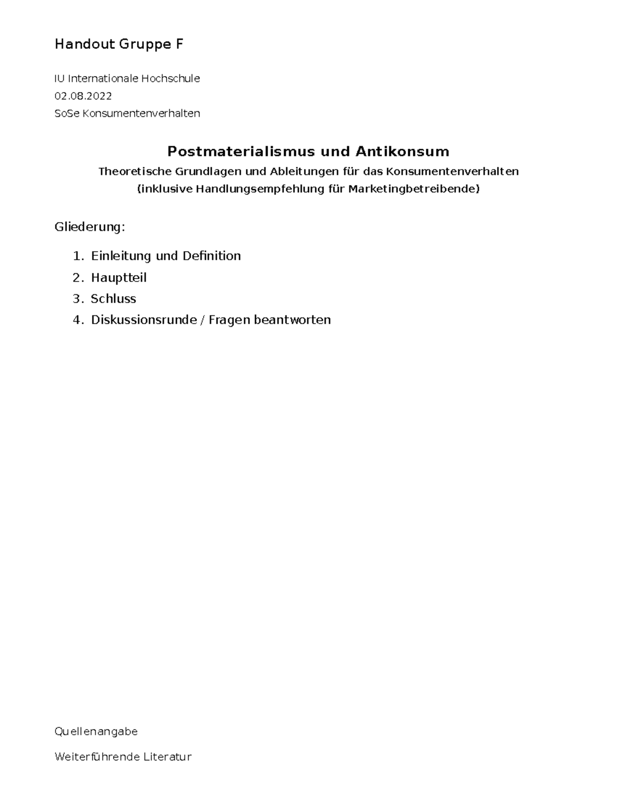 Handout Postmaterialismus Vorlage - Handout Gruppe F IU Internationale ...
