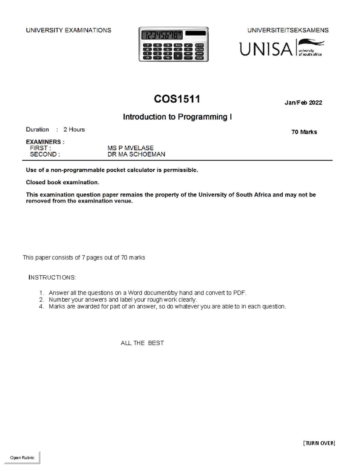 COS1511 January examination 2023 - [TURN OVER] This paper consists of 7 pages out of 70 marks ...