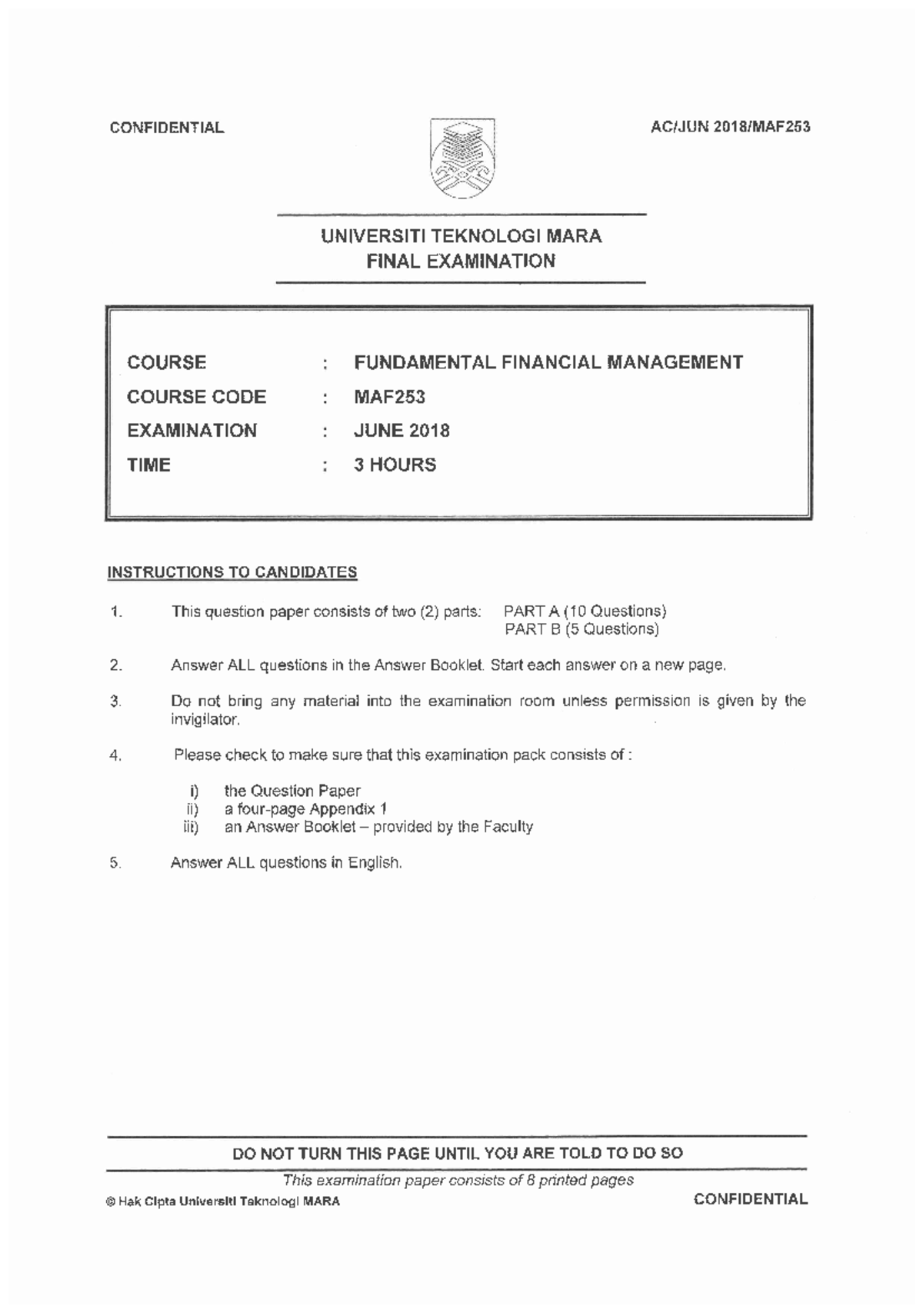 JUNE 2018 - Past year question paper - Financial Management - Studocu