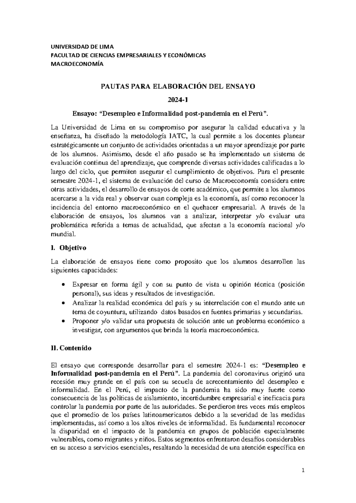 Pautas PARA LA Elaboración DE Ensayo 2024-1 - 1 UNIVERSIDAD DE LIMA ...