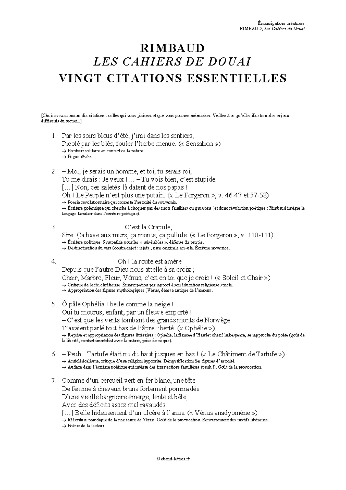 Poesie rimbaud douai citations - Émancipations créatrices RIMBAUD, Les ...