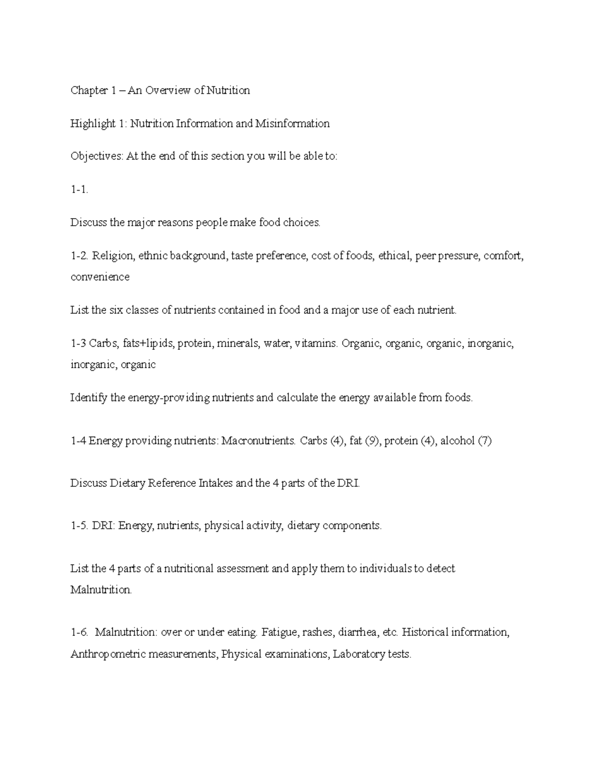 Fundamentals Of Nutrition Chapter 1-3 - Chapter 1 – An Overview of ...