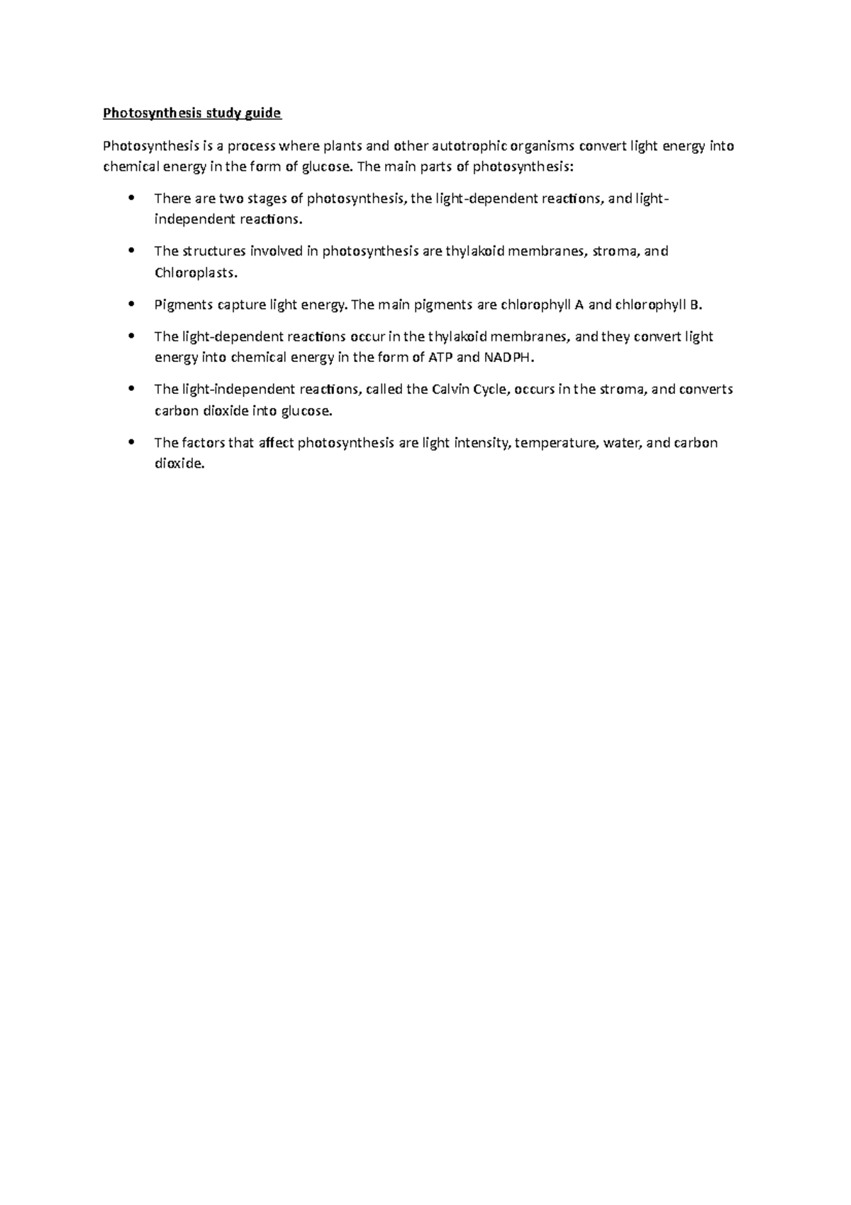 Photosynthesis study guide - Photosynthesis study guide Photosynthesis ...