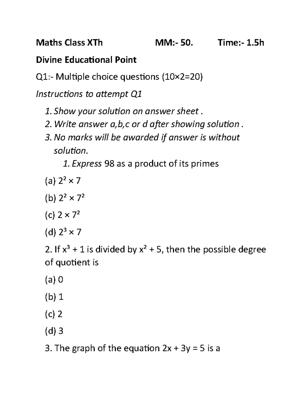Maths X - Try it - Maths Class XTh MM:- 50. Time:- 1 Divine Educational ...