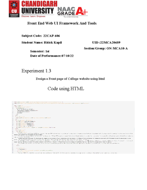 IOT Exp1 - IOT experiment 1 worksheet - Internet of Things Subject Code: 22CAH- 751 Student Name ...