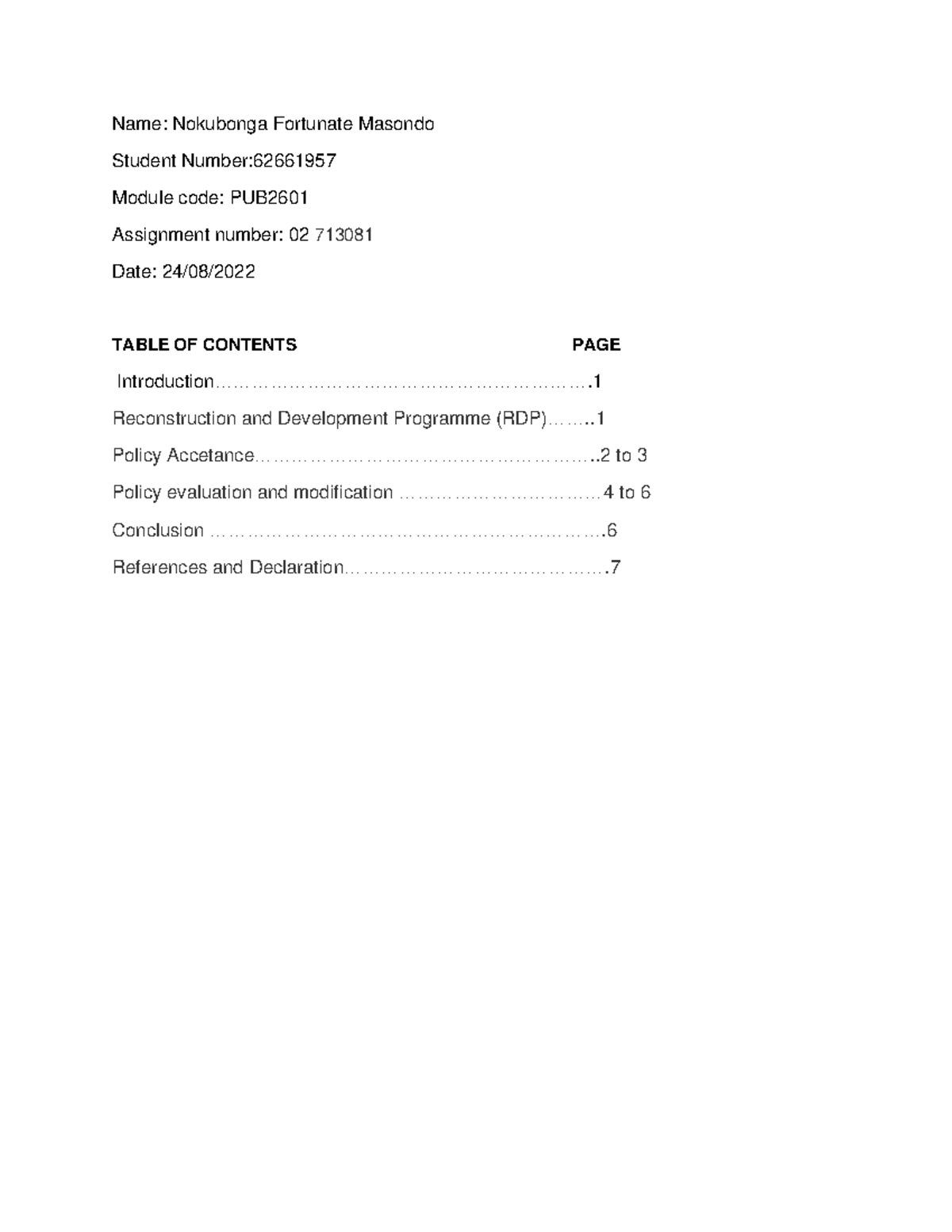 PUB2601 62661957 assignment 2 - Name: Nokubonga Fortunate Masondo Student Number: Module code ...