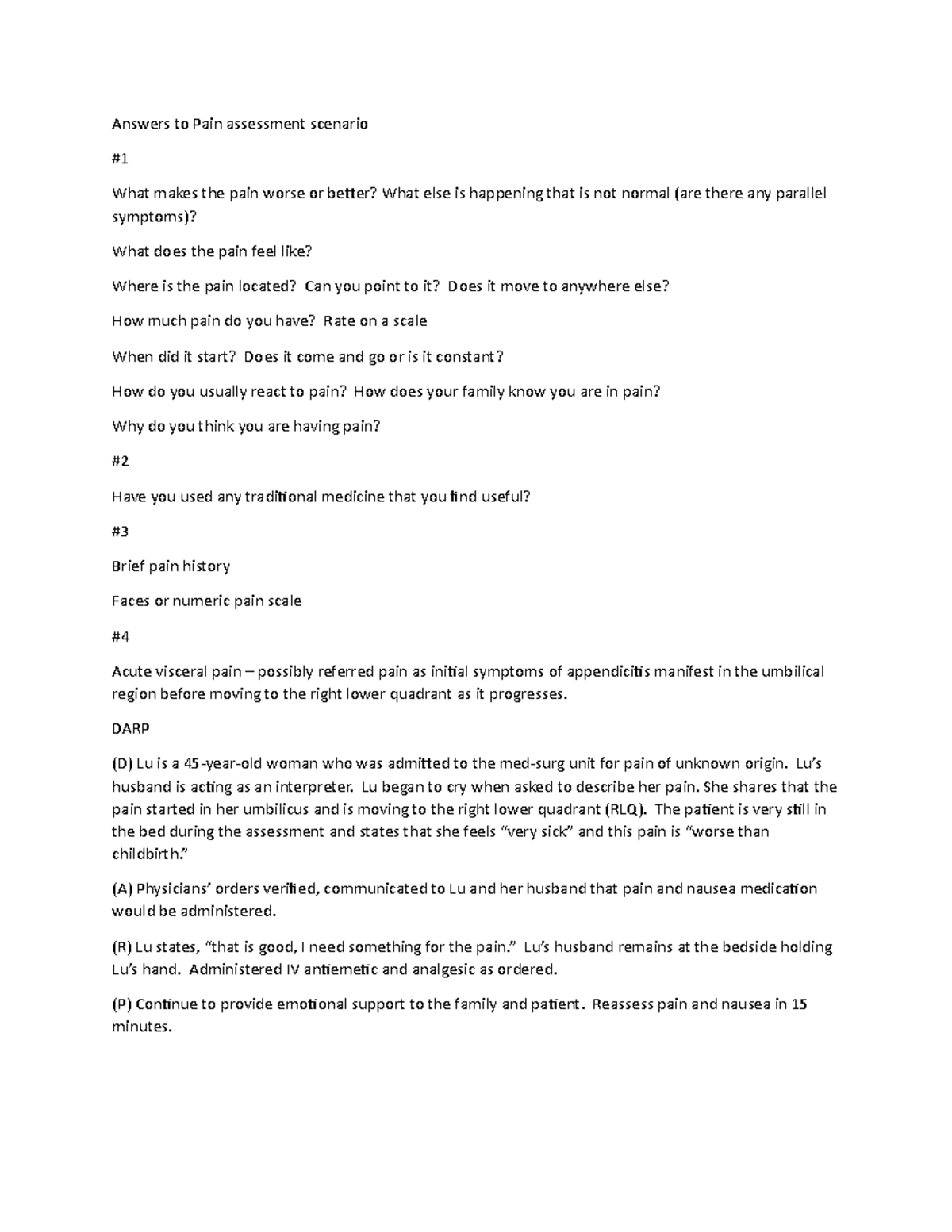 pain scenario case study - Answers to Pain assessment scenario What ...