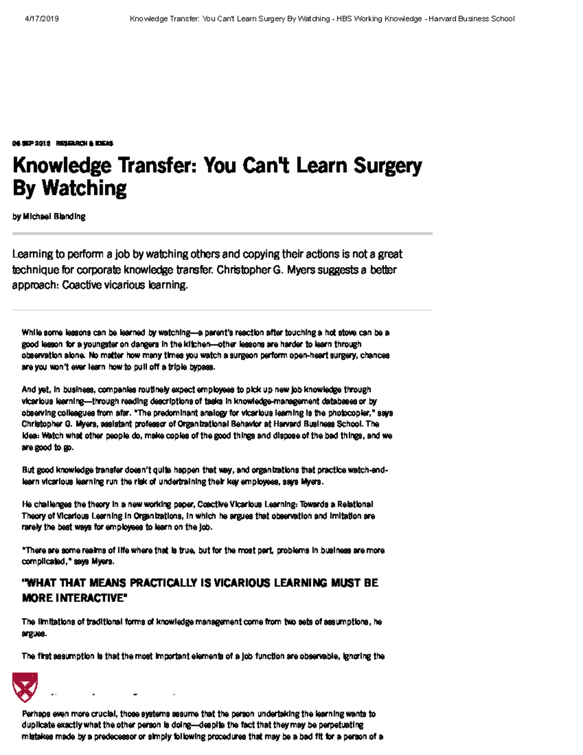 Case 4 Knowledge Transfer You Can't Learn Surgery By Watching - HBS ...