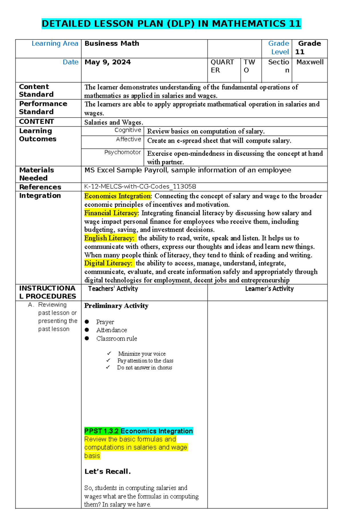 Spreadsheets Lesson Plan - DETAILED LESSON PLAN (DLP) IN MATHEMATICS 11 ...