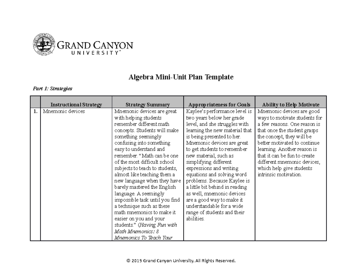 Benchmark - Algebra Mini-Unit Plan - Algebra Mini-Unit Plan Template ...