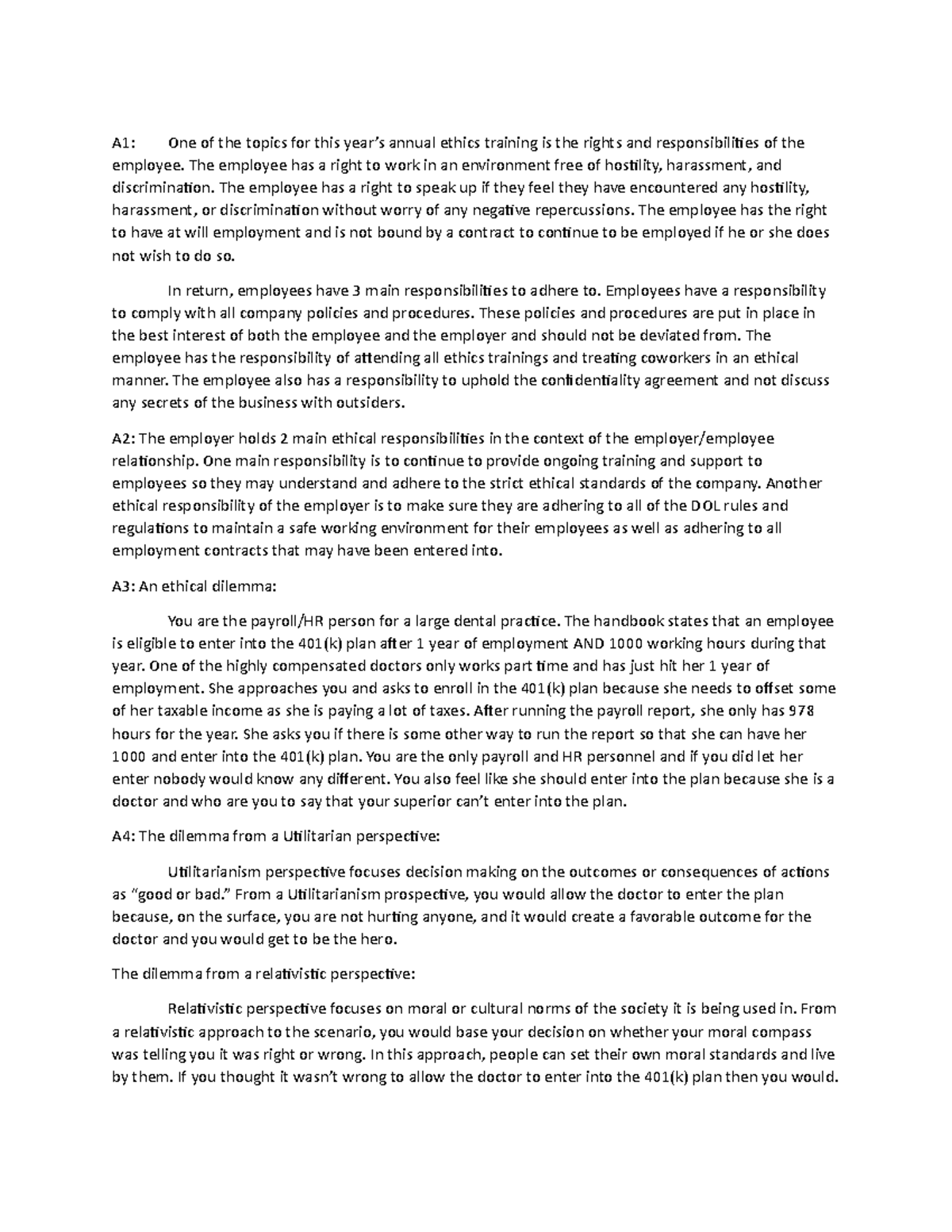 Business Ethics task 2 - Task 2 pass with no revisions - A1: One of the ...