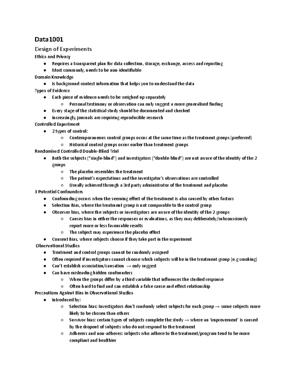Consise Data1001 Notes - Data Design of Experiments Ethics and Privacy ...